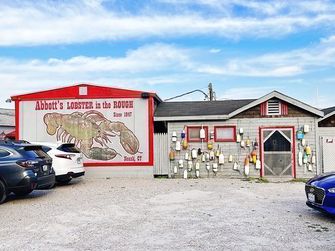 That giant lobster mural isn't just decoration—it's a promise of the buttery treasures waiting inside.