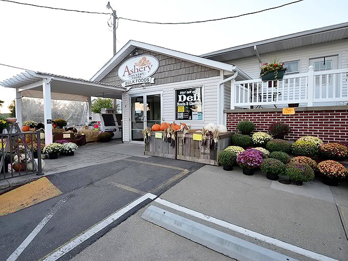Fresh flowers and autumn displays create a scene straight from a Norman Rockwell painting.