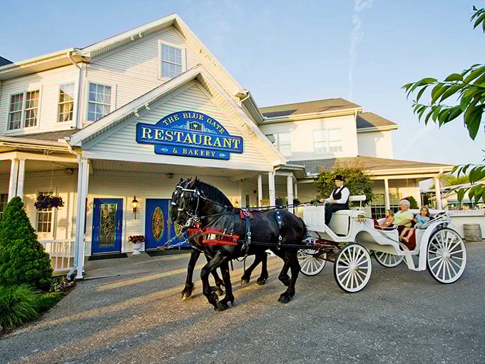 Horse-drawn carriages outside Blue Gate Restaurant aren't just for show—they're your first clue that time slows down deliciously here.