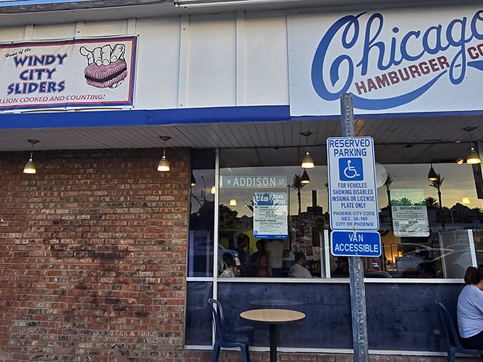 "Windy City Sliders" beckons from the sign, but don't miss those Vienna beef hot dogs. Chicago comfort food that transports you straight to Wrigley Field.