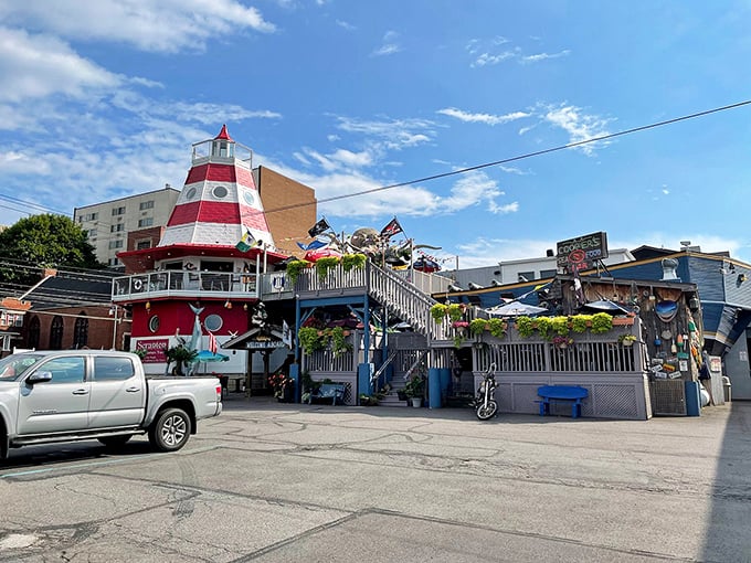Cooper's Seafood House: Blue skies frame this nautical wonderland. Where else can you eat fresh lobster under the watchful eye of a rooftop octopus?