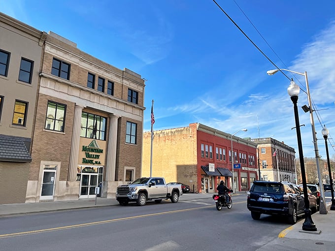 Mountain Valley Bank stands guard over Main Street, where pickup trucks and motorcycles share the road like old friends.
