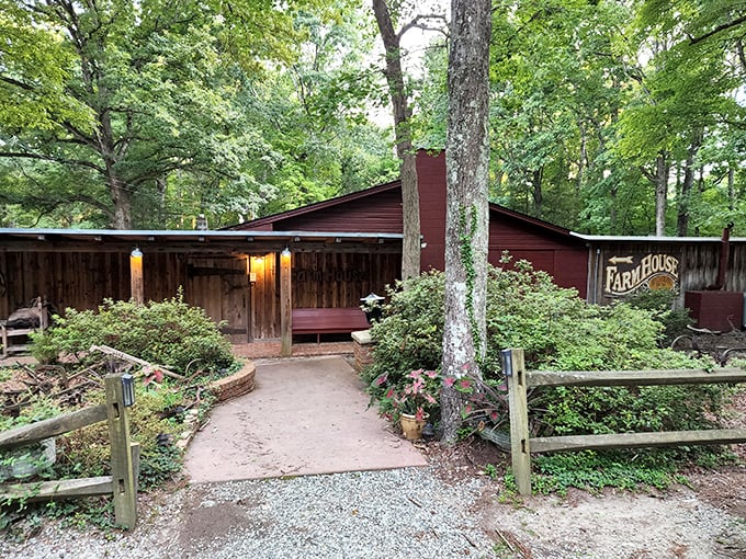 Rustic red walls and forest surroundings make this steakhouse feel like a delicious secret worth keeping.