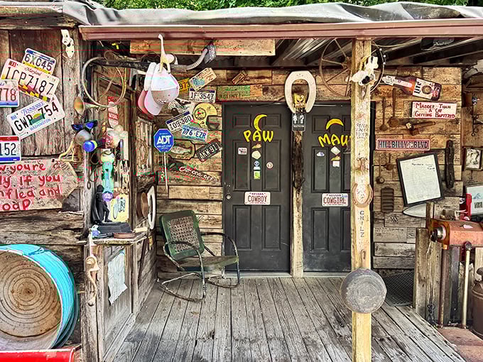 Step through these doors and enter hot dog nirvana – where license plates and quirky signs are just appetizers for the main event.