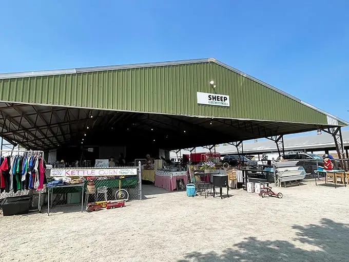 The "Sheep" shed at Kane County Flea Market—where one person's castoffs become another's conversation pieces for decades to come.
