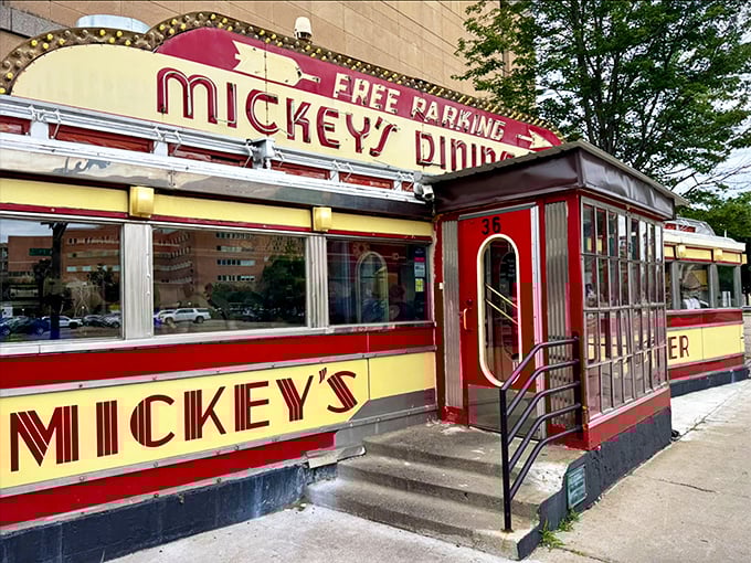 That "Free Parking" sign might be the second-best thing about Mickey's, right after their legendary pancakes that hang over the edge of the plate.