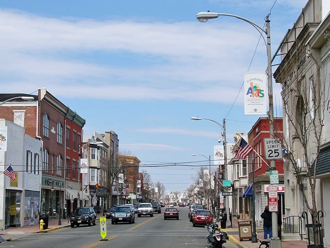 Those colorful storefronts whisper "budget-friendly living" while the tree-lined streets promise peaceful retirement days ahead.