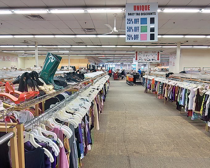 Inside, endless racks stretch like a clothing lover's dream, with daily discounts making every visit exciting.