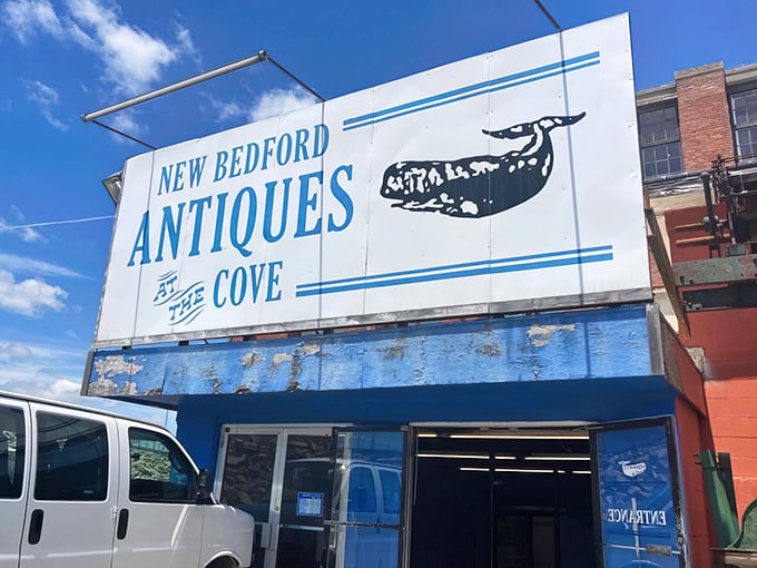 That whale sign isn't just decoration—it's a promise of ocean-sized antiquing adventures waiting inside this New Bedford treasure chest.