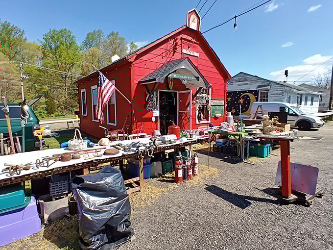 That red barn isn't just charming decoration; it's your gateway to flea market paradise.