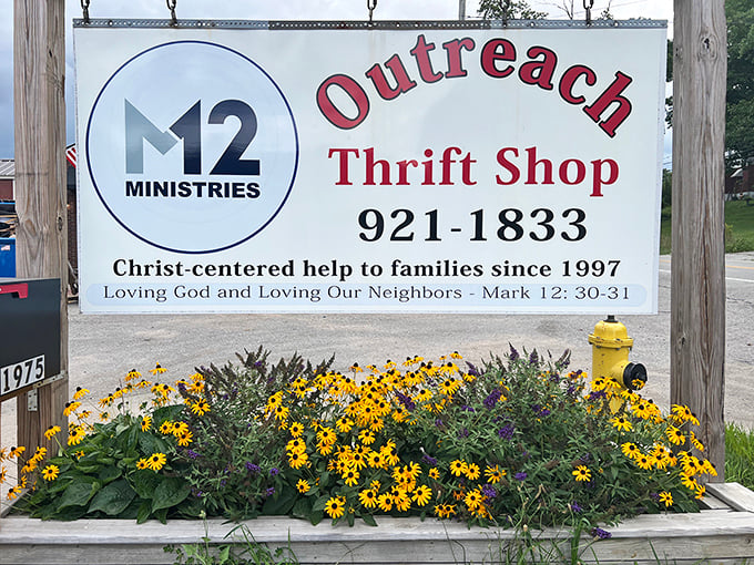 Bright yellow flowers welcome shoppers to this community-minded thrift store where every purchase helps local families.