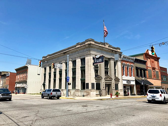 Banking on nostalgia! This cornerstone of Rushville history stands sentinel like a Hoosier version of Bedford Falls, complete with traffic lights orchestrating the small-town symphony.