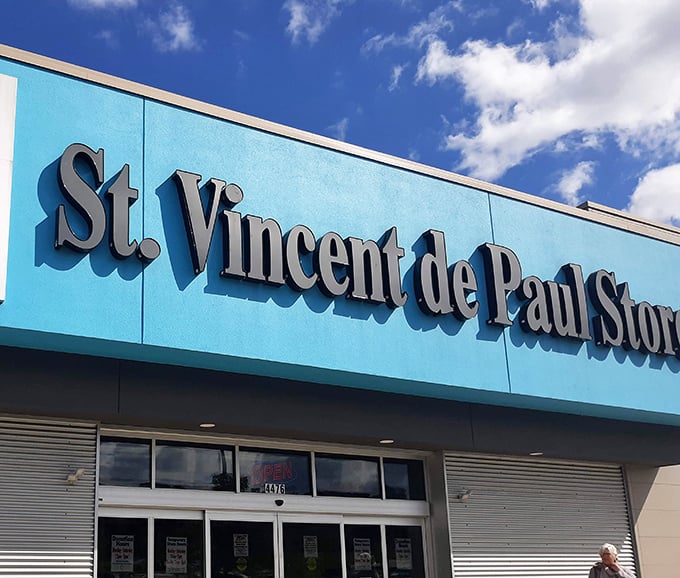 St. Vincent de Paul's bold signage promises thrift store adventures that'll make your wallet smile.