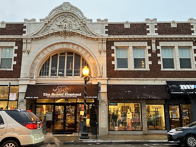 As evening falls, this architectural gem transforms into a beacon for bargain hunters with treasures waiting inside.