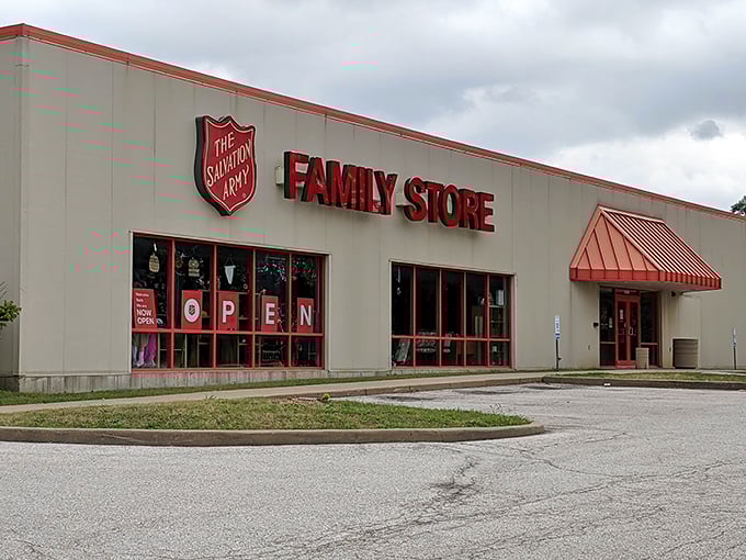 "OPEN" beckons from the windows of this Salvation Army store—a siren call to bargain hunters and treasure seekers alike.