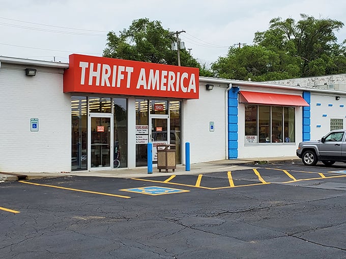 Bright awnings and a welcoming entrance—this Thrift America promises adventures in bargain hunting.
