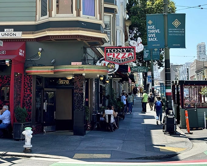 Tony's red signage beckons like a lighthouse for hungry souls wandering North Beach's bustling streets.