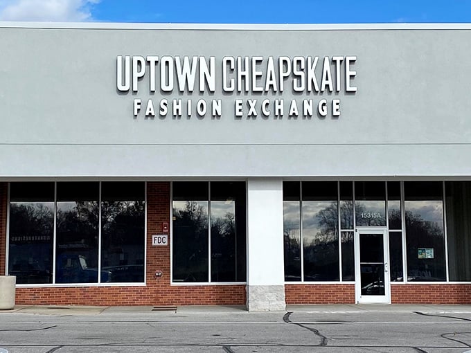 The clean lines of Uptown Cheapskate's exterior hide a wonderland of second-hand fashion gems waiting to be discovered.