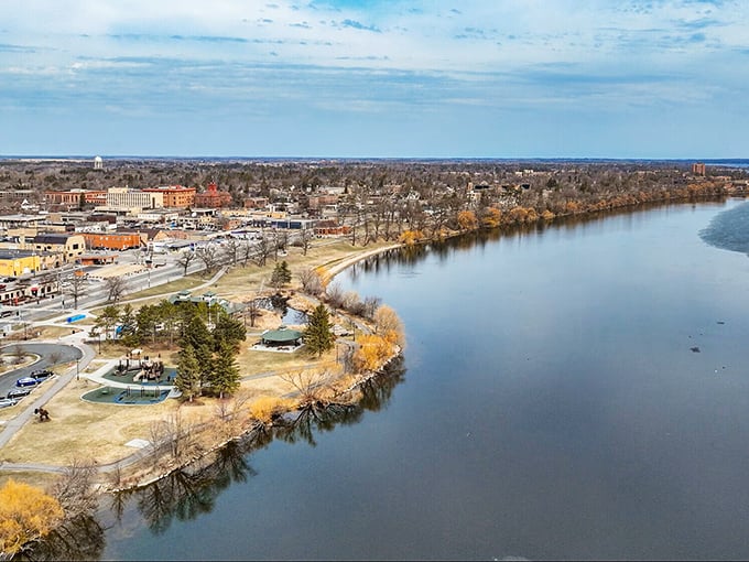From above, Bemidji reveals its perfect positioning between lake and land—nature's version of waterfront property without the South Beach price tag.