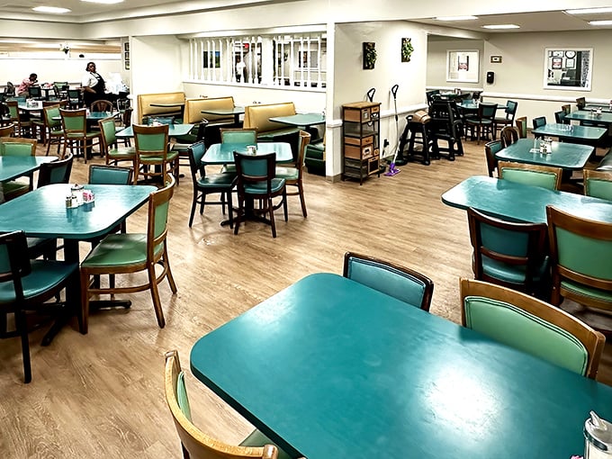 Turquoise tables and comfortable chairs await diners in a space that feels more like grandma's dining room than a restaurant – minus the plastic-covered furniture.