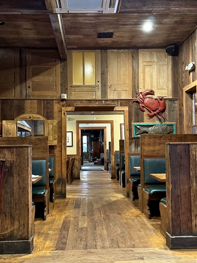 Wooden booths, exposed beams, and that watchful red crab on the wall – dining at Parrain's feels like eating in your Louisiana grandpa's cabin.