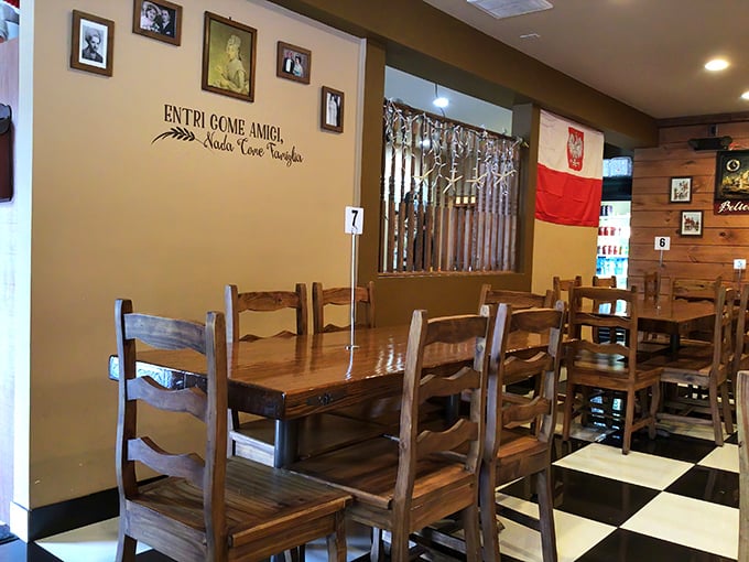 Enti Pi Gone Amigi isn't just wall decor—it's a lifestyle. This cozy dining room feels like the Eastern European grandmother you never knew you needed.