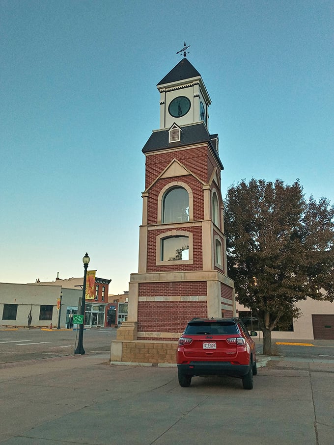 This clock tower stands guard over downtown like a friendly sentinel who never needs a coffee break.