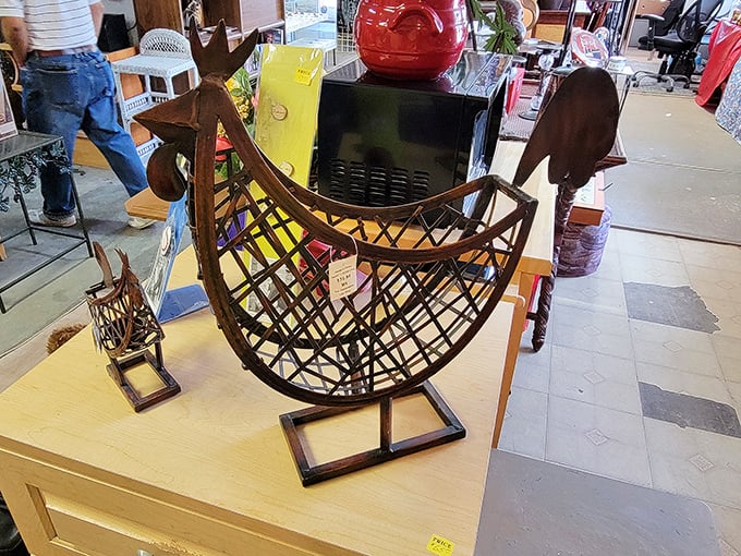 This whimsical wire chicken isn't just decorative—it's a conversation starter that somehow makes perfect sense at a flea market.