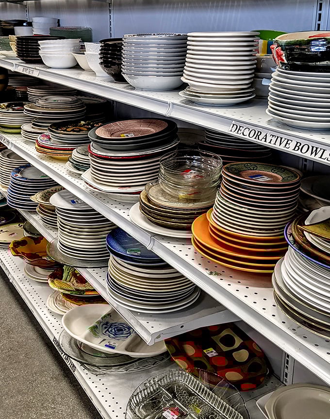 Stacks on stacks of plates, bowls, and serving dishes waiting to host your next dinner party without bankrupting you.
