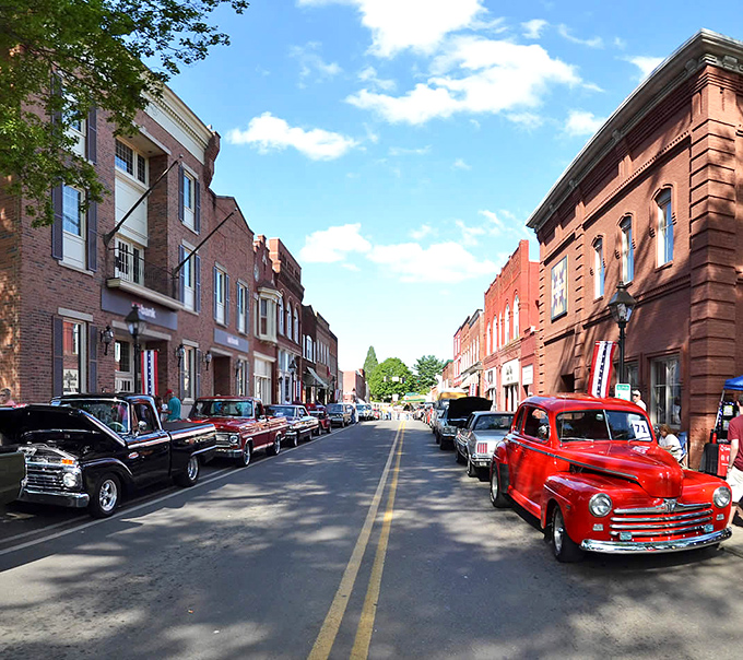 Classic cars line historic brick buildings – it's not a movie set, it's just Tuesday in downtown Rogersville.