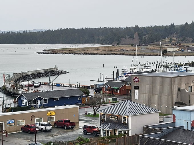 The working harbor showcases Bandon's authentic coastal character – fishing boats, weathered docks, and the promise of fresh seafood just steps away.