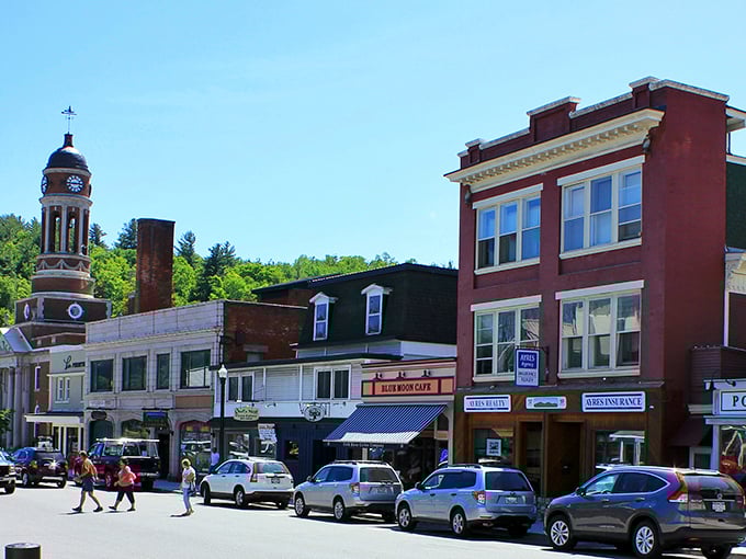 Main Street magic in full bloom. Those hanging flower baskets aren't just decoration—they're the town's way of saying "we care about beauty" without hiring a skywriter.