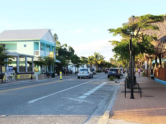 Siesta Key Village embodies Florida's laid-back charm with pastel buildings, palm-lined streets, and the unspoken rule that flip-flops are always appropriate footwear.