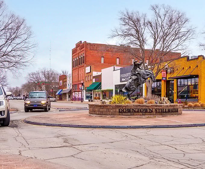 The iconic bucking bronco statue welcomes visitors to Downtown Stillwater, a perfect selfie spot that doesn't charge admission—another budget-friendly perk.