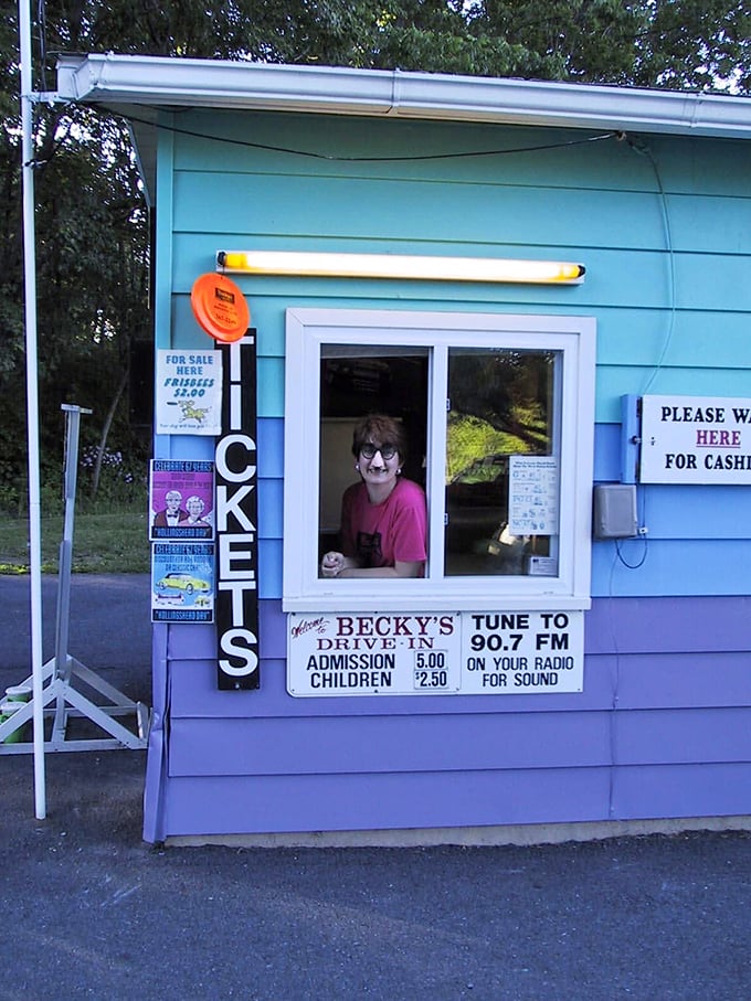 The iconic blue ticket booth—where your evening of nostalgia officially begins with that satisfying ticket tear sound.