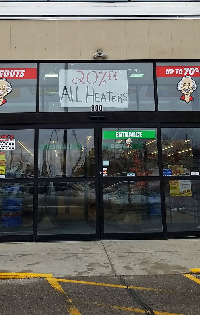 Hand-written signs advertising 20% off heaters – the kind of analog charm that reminds you this isn't your algorithm-driven shopping experience.