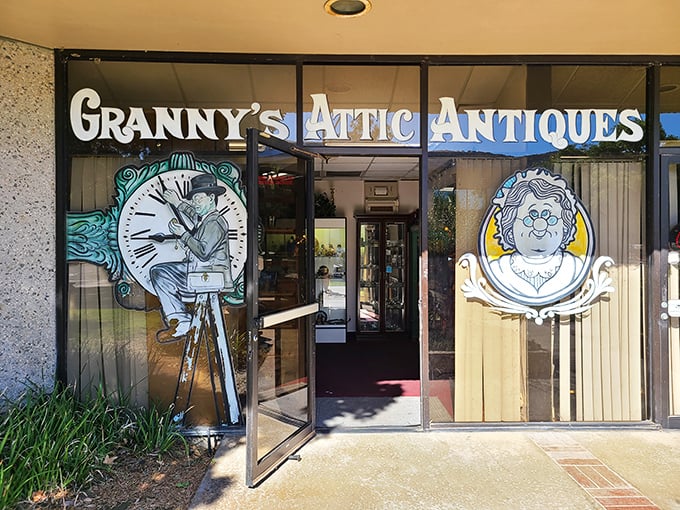 Granny's welcoming facade features whimsical painted windows – that clock man looks like he's been winding time since before digital watches made wrists boring.