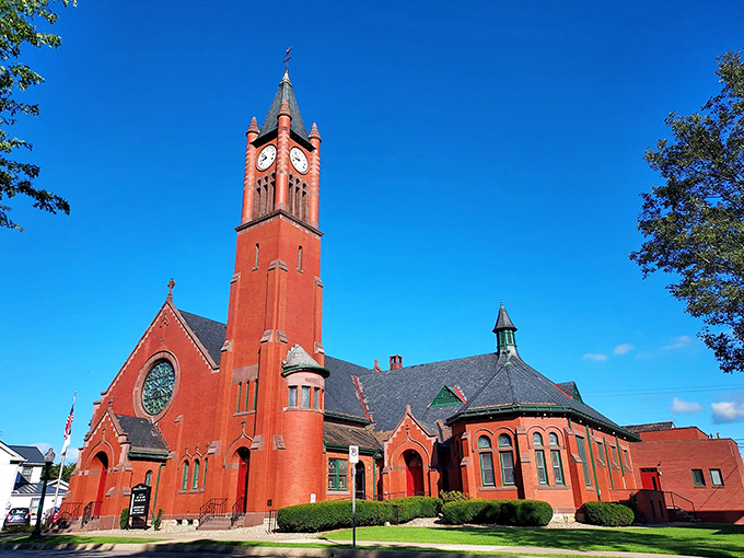 The First Evangelical Lutheran Church stands as Mifflinburg's red brick sentinel, its soaring clock tower visible from nearly anywhere in town—architectural grandeur in small-town Pennsylvania.