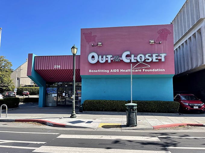 This isn't just a thrift store—it's a color-blocked statement piece on the street that promises treasures within.
