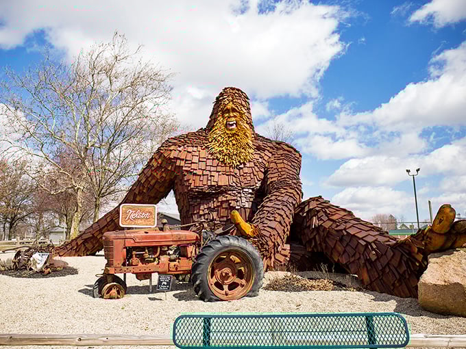 Just hanging out with my tractor. Nelson's impressive wooden form catches the sunlight, showcasing thousands of cedar shingles meticulously arranged to create his shaggy coat.
