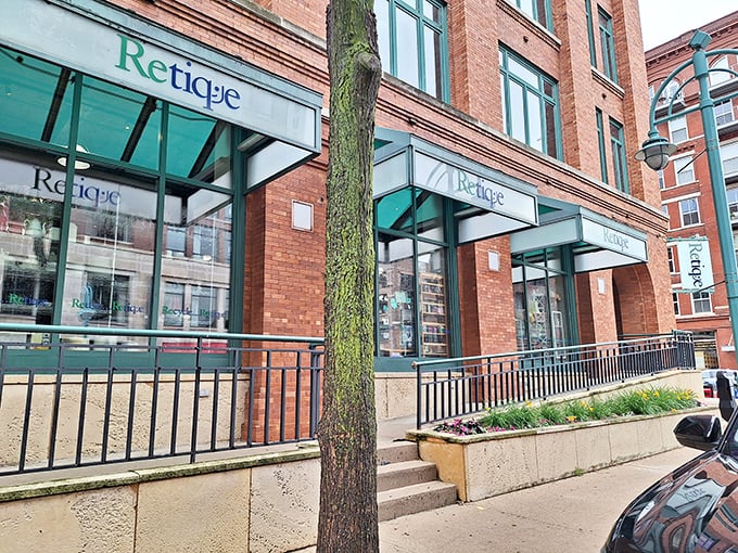 Retique's distinctive green-trimmed windows and signage stand out against the classic Milwaukee brick, like a beacon for bargain-loving fashionistas.