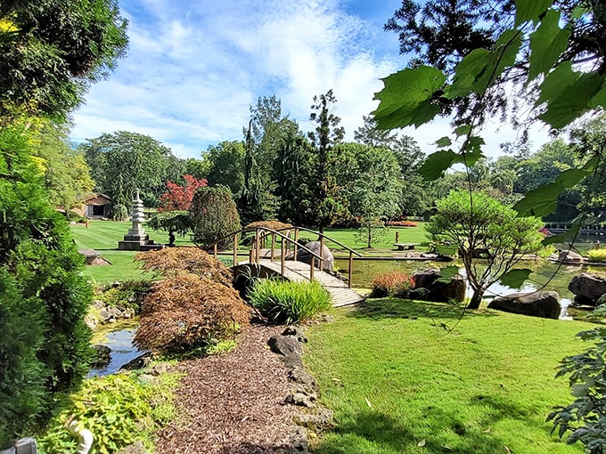 This isn't Photoshop—it's just another Tuesday in Elmore, Ohio. The stone bridge invites you to cross over into a world where stress doesn't exist.