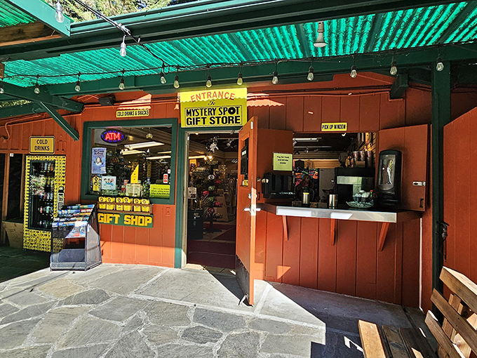 The rustic gift shop offers everything from the famous bumper stickers to quirky souvenirs—proof you survived this gravitational anomaly.
