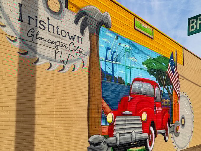 This vibrant "Irishtown" mural captures Gloucester City's proud heritage, proving that small-town charm and artistic expression don't require Manhattan prices to flourish.