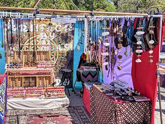 A jewelry lover's dream come true. These handcrafted necklaces and colorful displays prove that someone else's "too much" might be your "just right."