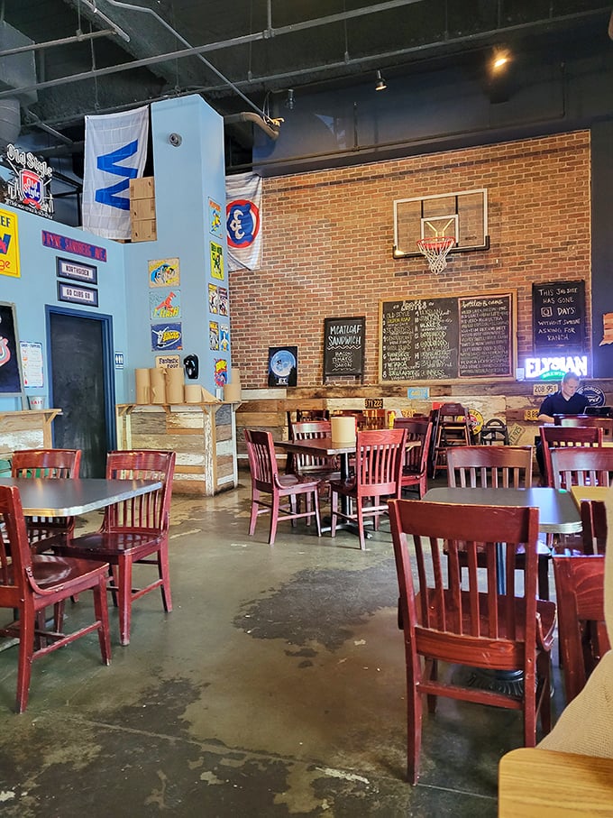 Basketball hoops and Chicago sports memorabilia create the perfect backdrop for serious eating. This isn't dining—it's a delicious time-out.