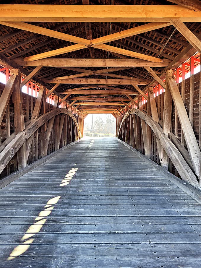 Wooden beams that have witnessed generations crossing beneath them, creating a cathedral-like passage that whispers stories of bygone eras.