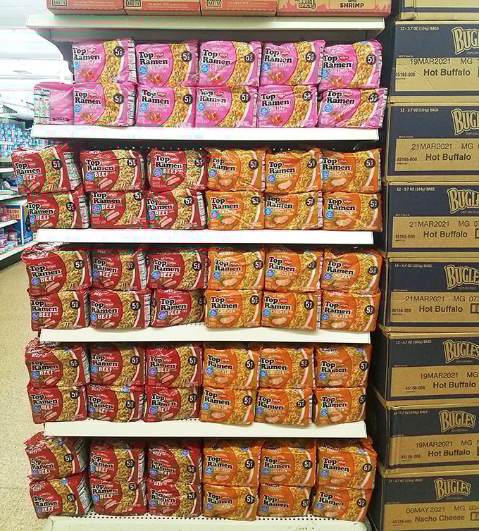 Tower of ramen glory - enough sodium and satisfaction to survive any Tennessee winter or college semester.