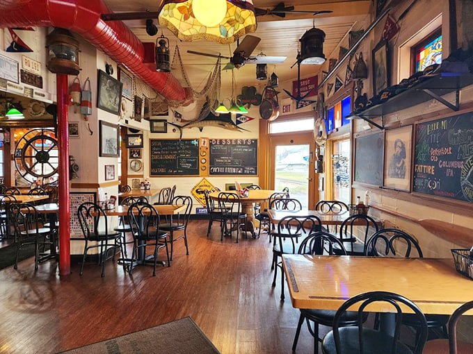 Step inside and you're transported to a nautical wonderland where every inch tells a seafaring story. The red pipes add industrial charm to this cozy maritime museum.