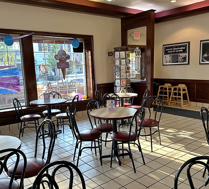 Classic ice cream parlor charm with those quintessential bistro chairs—where calories don't count and memories are made by the spoonful.